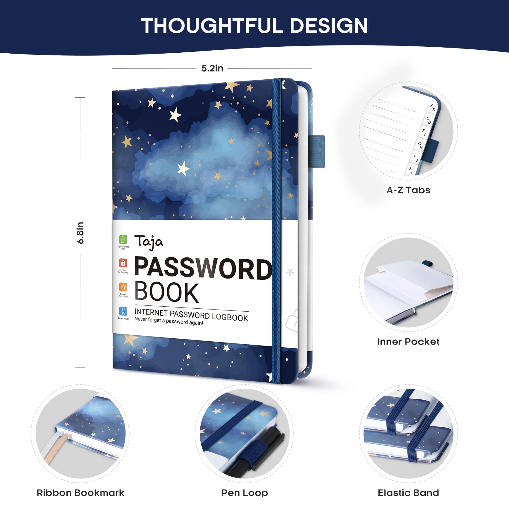Taja Password Keeper Book with Alphabetical Tabs,Small Password Books for Seniors, Password Notebook for Internet Website Address Log in Detail, Password Logbook to Help You Stay Organized - Star