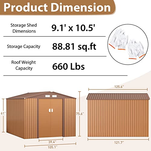 JAXPETY 9x10.5 FT Outdoor Storage Shed - Galvanized Metal Storage Shed Garden Shed with Double Lockable Doors and Floor Frame Backyard Shed for Garden Patio Backyard Lawn Tools, Brown