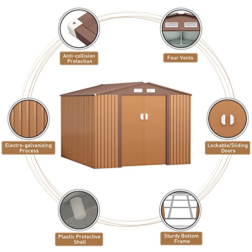 JAXPETY 9x10.5 FT Outdoor Storage Shed - Galvanized Metal Storage Shed Garden Shed with Double Lockable Doors and Floor Frame Backyard Shed for Garden Patio Backyard Lawn Tools, Brown