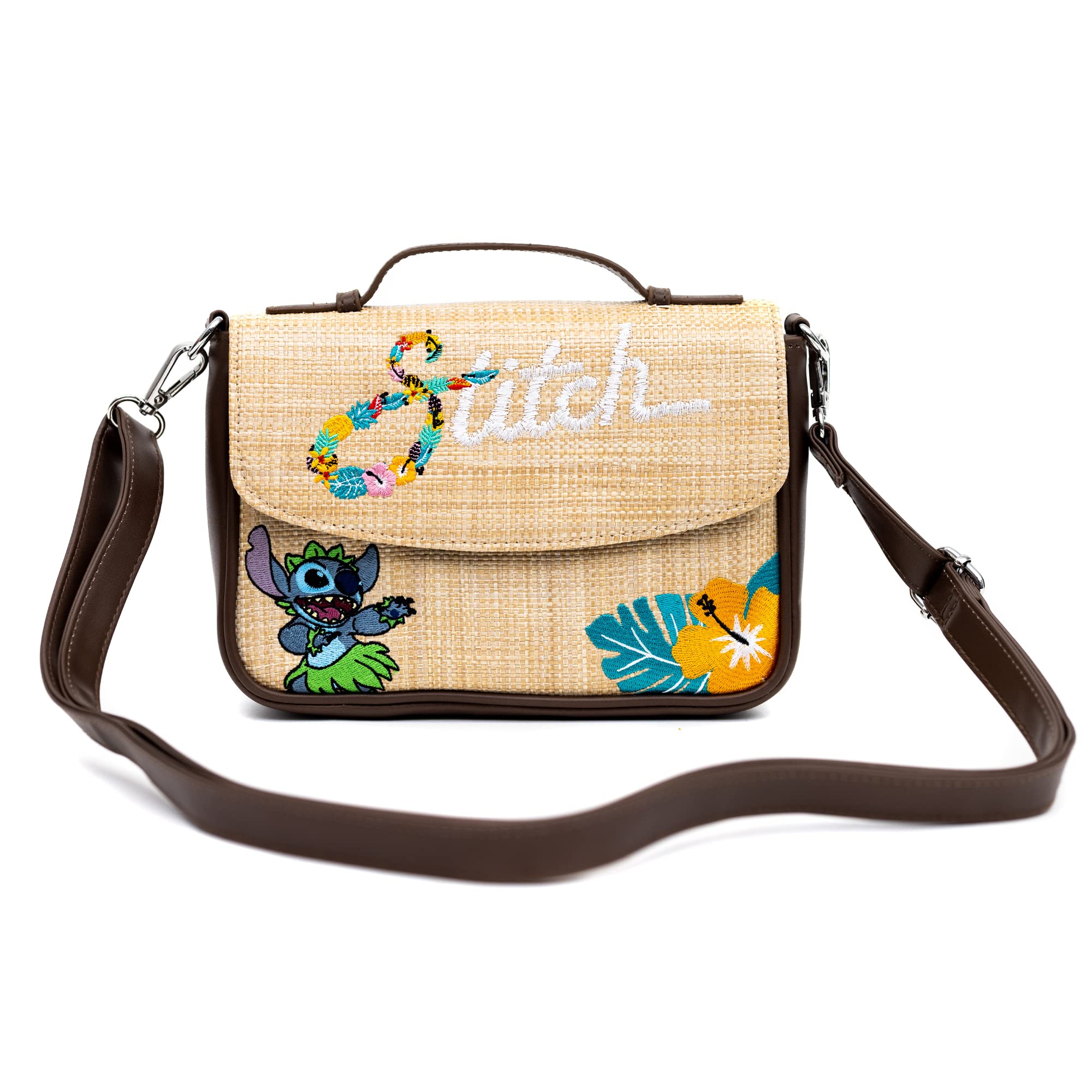 Disney Bag, Fold Over Crossbody, Lilo and Stitch Embroidered Stitch Poses, Raffia Straw