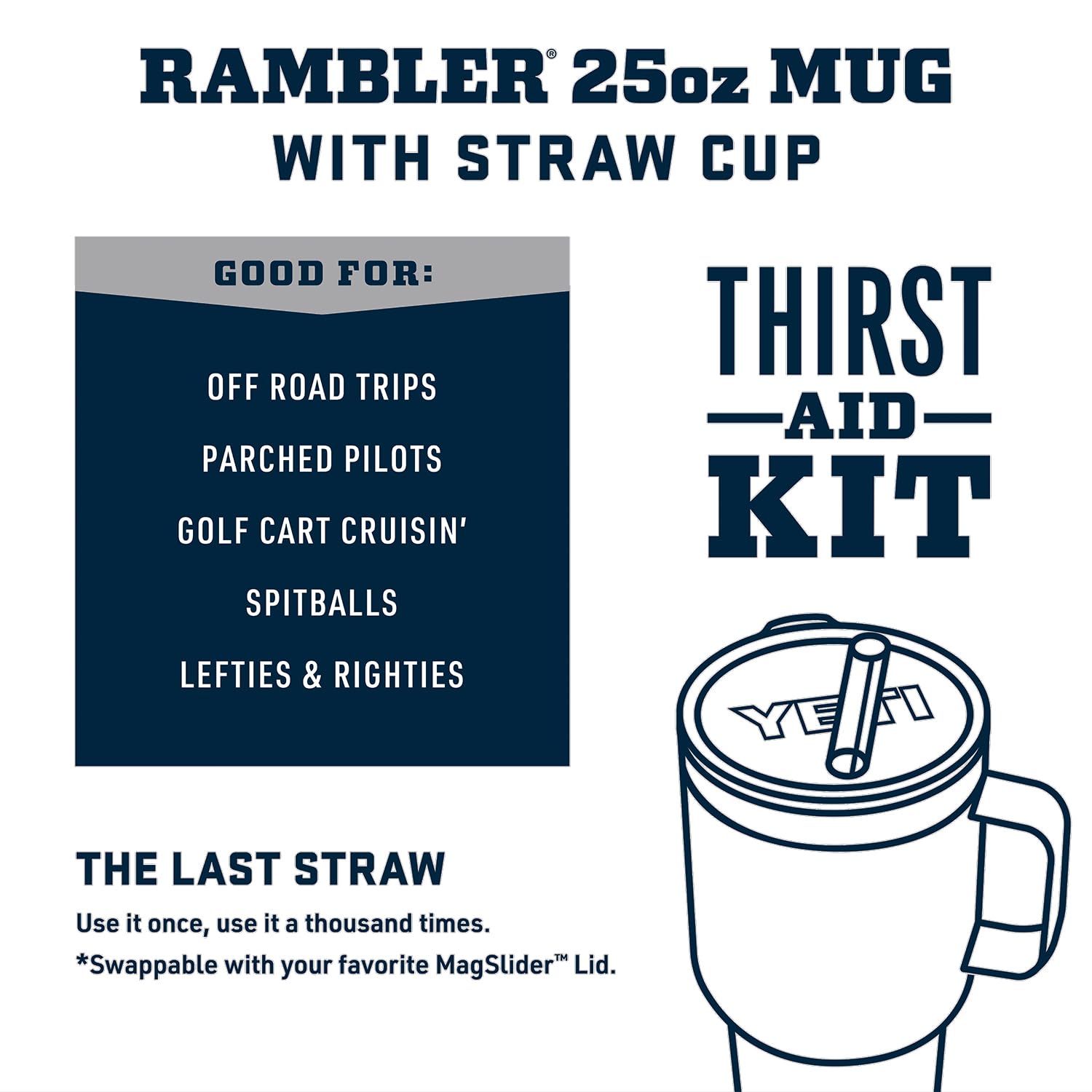 YETI Rambler 25 oz Tumbler with Handle and Straw Lid, Travel Mug Water Tumbler, Vacuum Insulated Cup with Handle, Stainless Steel, White