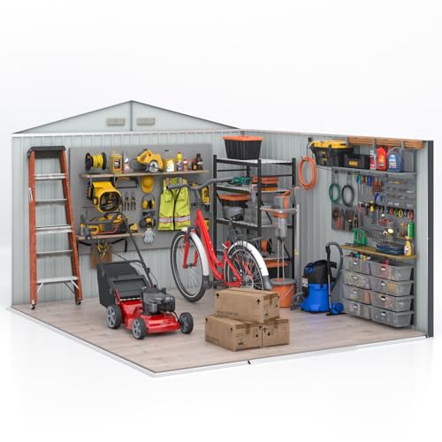 JAXPETY 9x10.5 FT Outdoor Storage Shed - Galvanized Metal Storage Shed Garden Shed with Double Lockable Doors and Floor Frame Backyard Shed for Garden Patio Backyard Lawn Tools, Brown