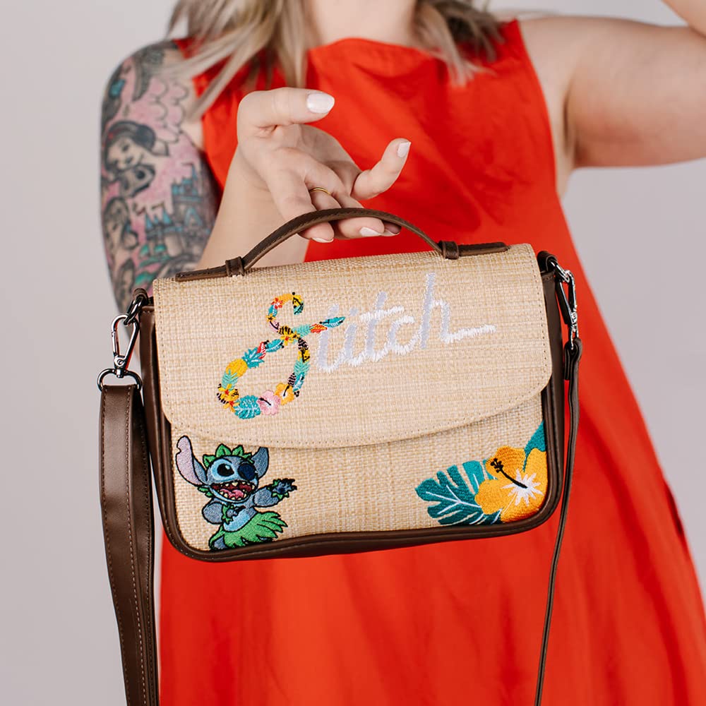Disney Bag, Fold Over Crossbody, Lilo and Stitch Embroidered Stitch Poses, Raffia Straw