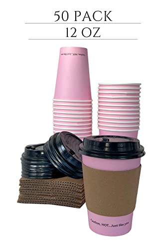 50-Pack 12 OZ Eco-Friendly Disposable Coffee Cups with Lids & Sleeves - Premium Biodegradable Paper Cups for Hot/Cold Beverages - Ideal for Parties, Offices & On-the-Go - Pink