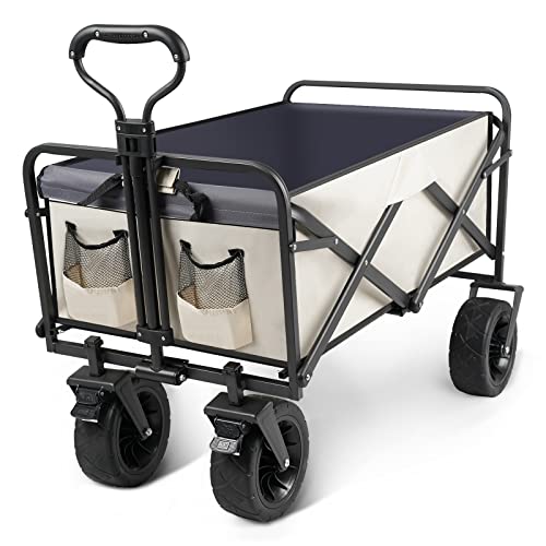 COOZMENT All Terrain Utility Wagon,Folding Wagon Heavy Duty,Collapsible Folding Wagon Cart with Big Wheels,Beach Wagon Cart with 280lbs Weight Capacity,Lounge Wagon for Camping Sports Outdoor(Beige)