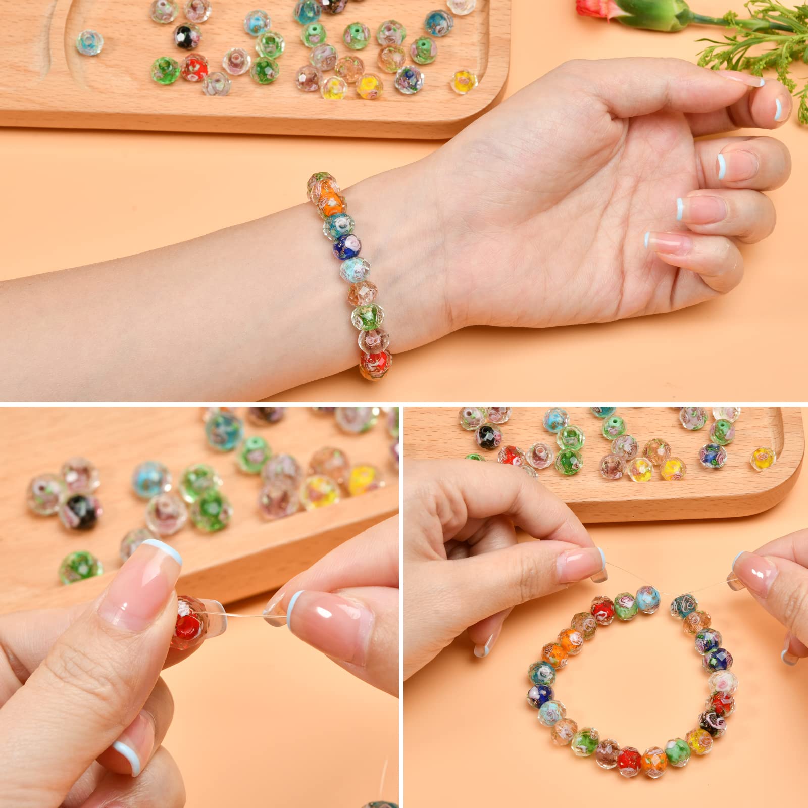 80pcs Flower Glass Bead Gold Sand Lampwork Beads Glass Handmade Round Loose with Hole 2mm Beads for Rosary Making Jewelry Craft Making (10MM)
