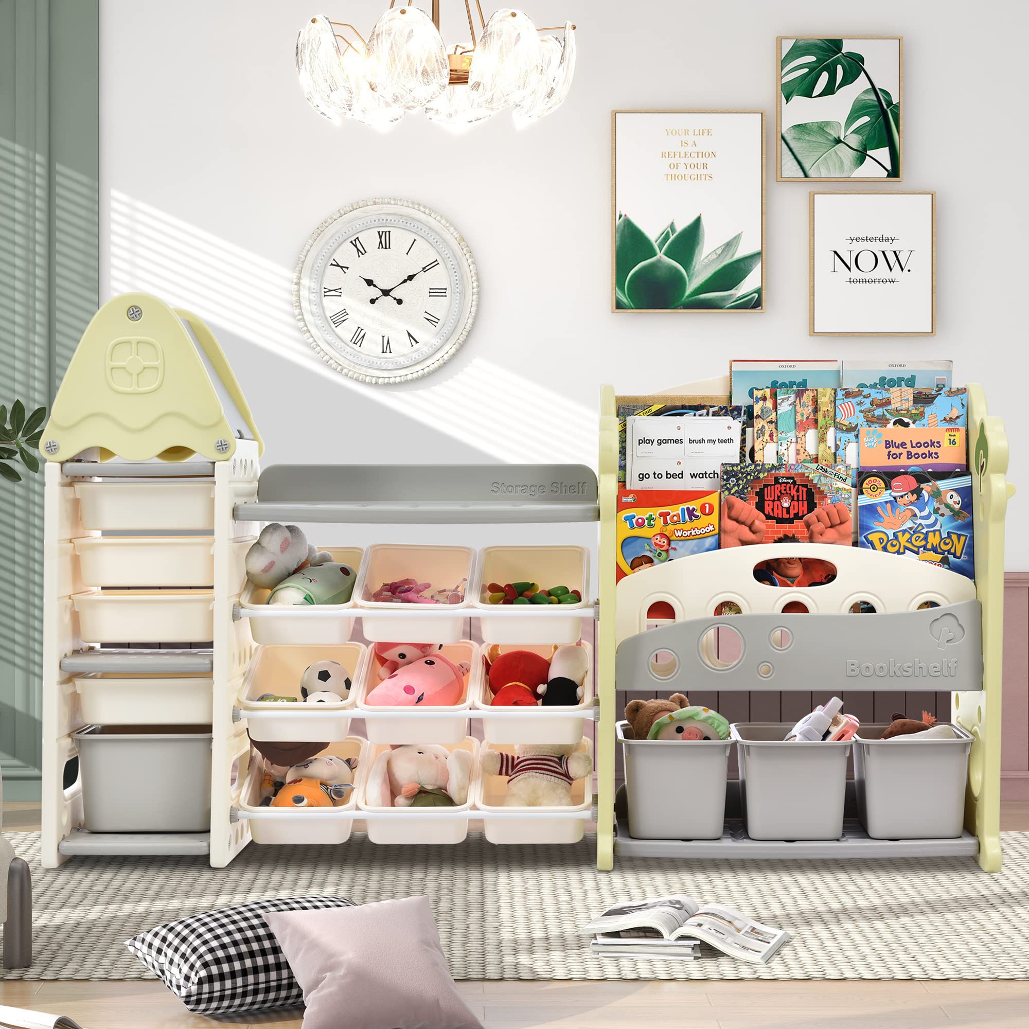 Veemuaro Toy Storage Organizer, Kids Bookcases and Children's Organizer Rack, Box Chest with 17 Bins 4 Tier Bookshelf for Room Classroom (All-in-One, Light Green) (06AAF)