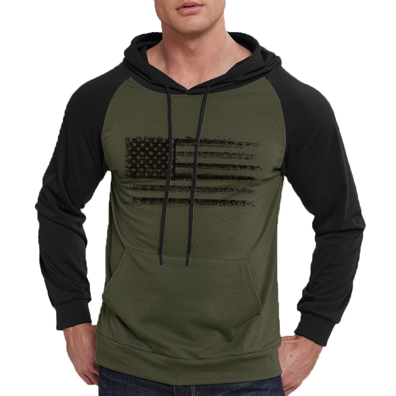 H HYFOL Men's Sweatshirt USA FLAG Patriotic Graphic Polyester Hoodies for Men Pocket Raglan Long Sleeve Sweatshirts(Olive Green,L)