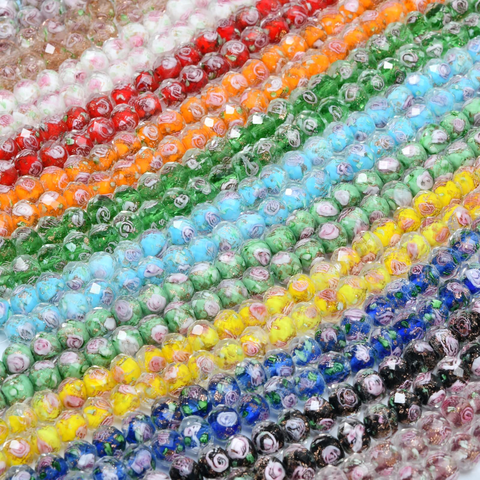 80pcs Flower Glass Bead Gold Sand Lampwork Beads Glass Handmade Round Loose with Hole 2mm Beads for Rosary Making Jewelry Craft Making (10MM)