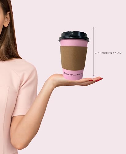 50-Pack 12 OZ Eco-Friendly Disposable Coffee Cups with Lids & Sleeves - Premium Biodegradable Paper Cups for Hot/Cold Beverages - Ideal for Parties, Offices & On-the-Go - Pink