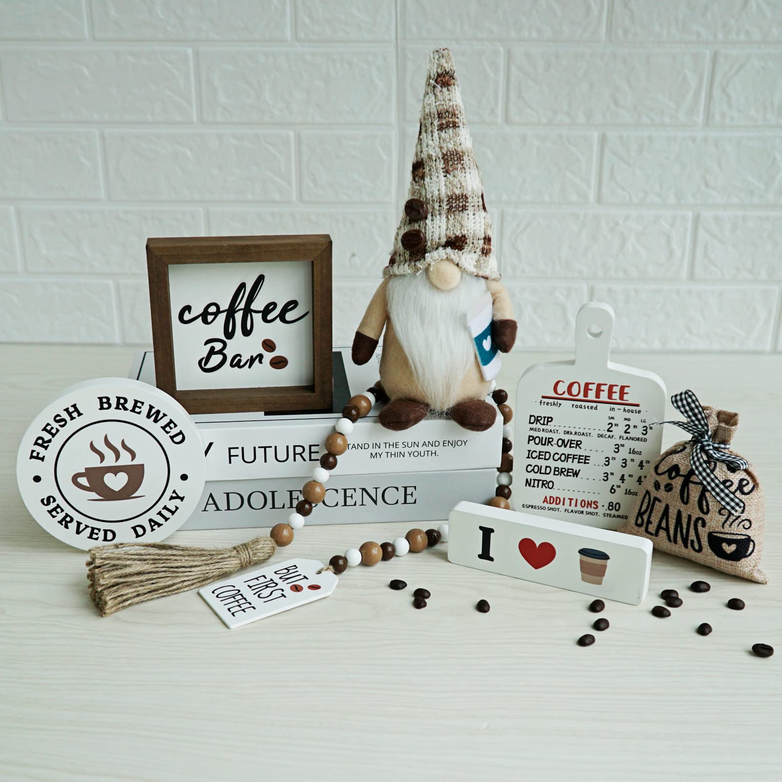 Coffee Bar Decor, 7PCS Farmhouse Coffee Gnome Tiered Tray Decor, Coffee Signs for Coffee Bar deocr, Coffee Bar Accessories Kitchen Table Decoration