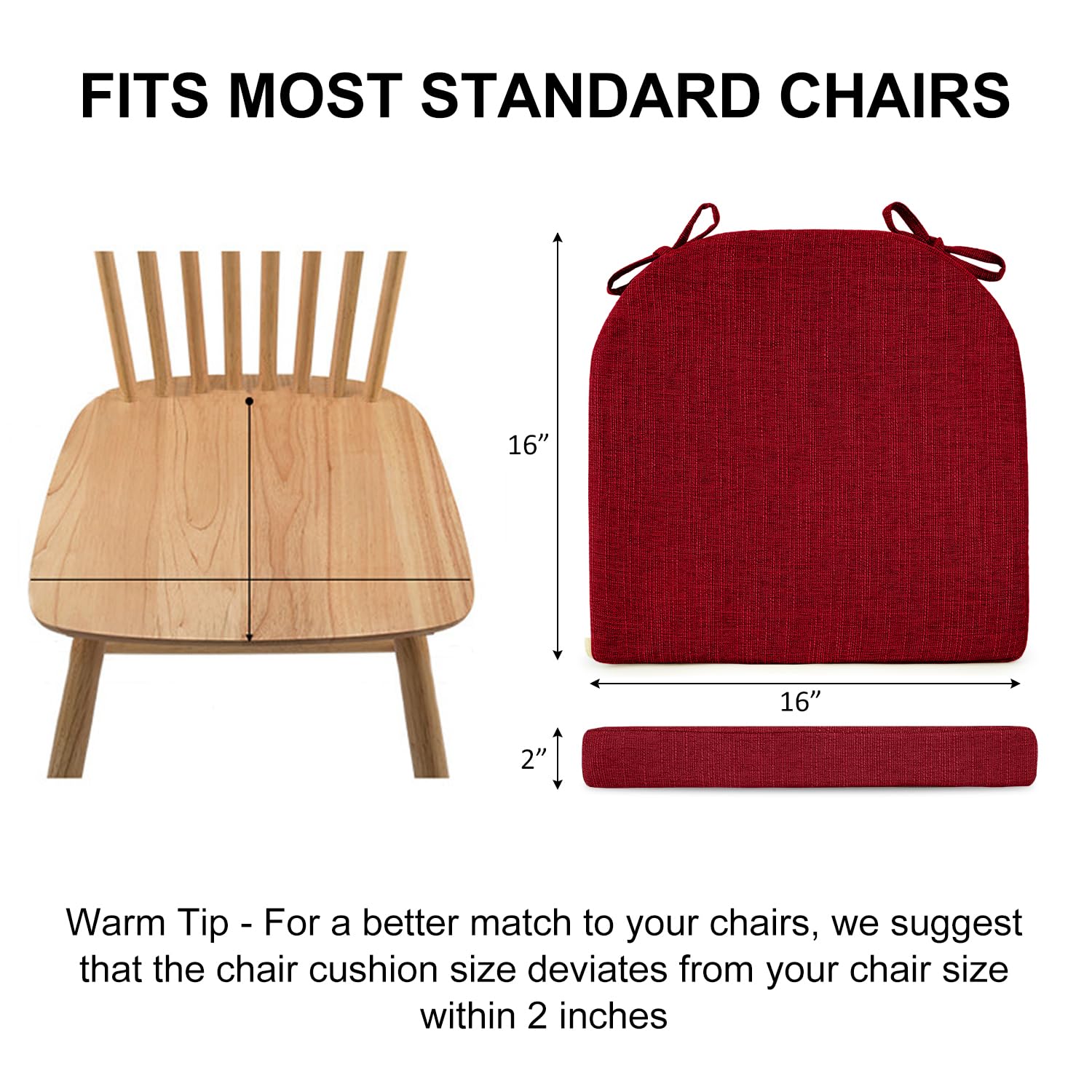Wellsin Chair Cushions for Dining Chairs 6 Pack - Kitchen Chair Cushions with Ties and Non-Slip Backing - Dining Chair Pads 16"X16"X2", Red
