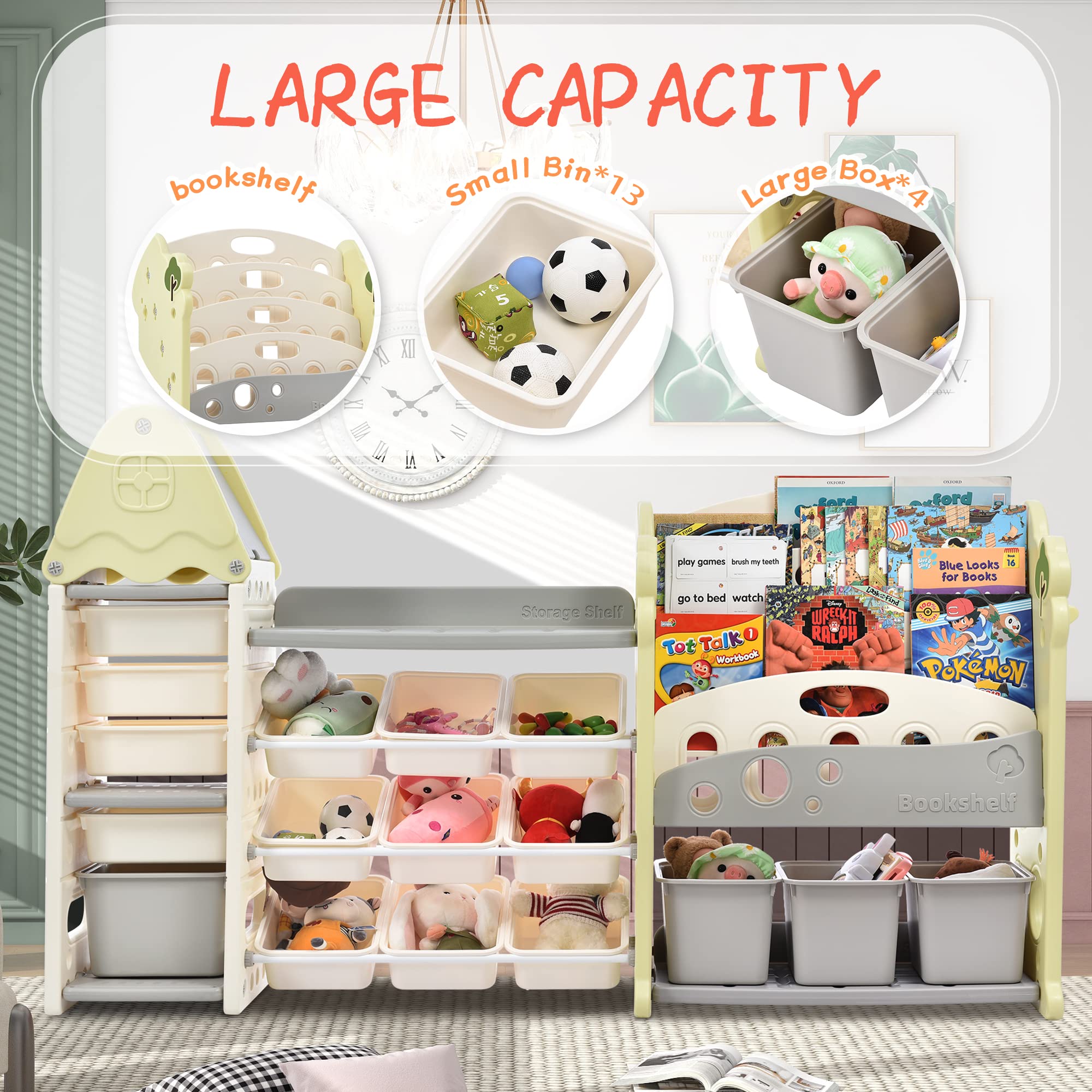 Veemuaro Toy Storage Organizer, Kids Bookcases and Children's Organizer Rack, Box Chest with 17 Bins 4 Tier Bookshelf for Room Classroom (All-in-One, Light Green) (06AAF)