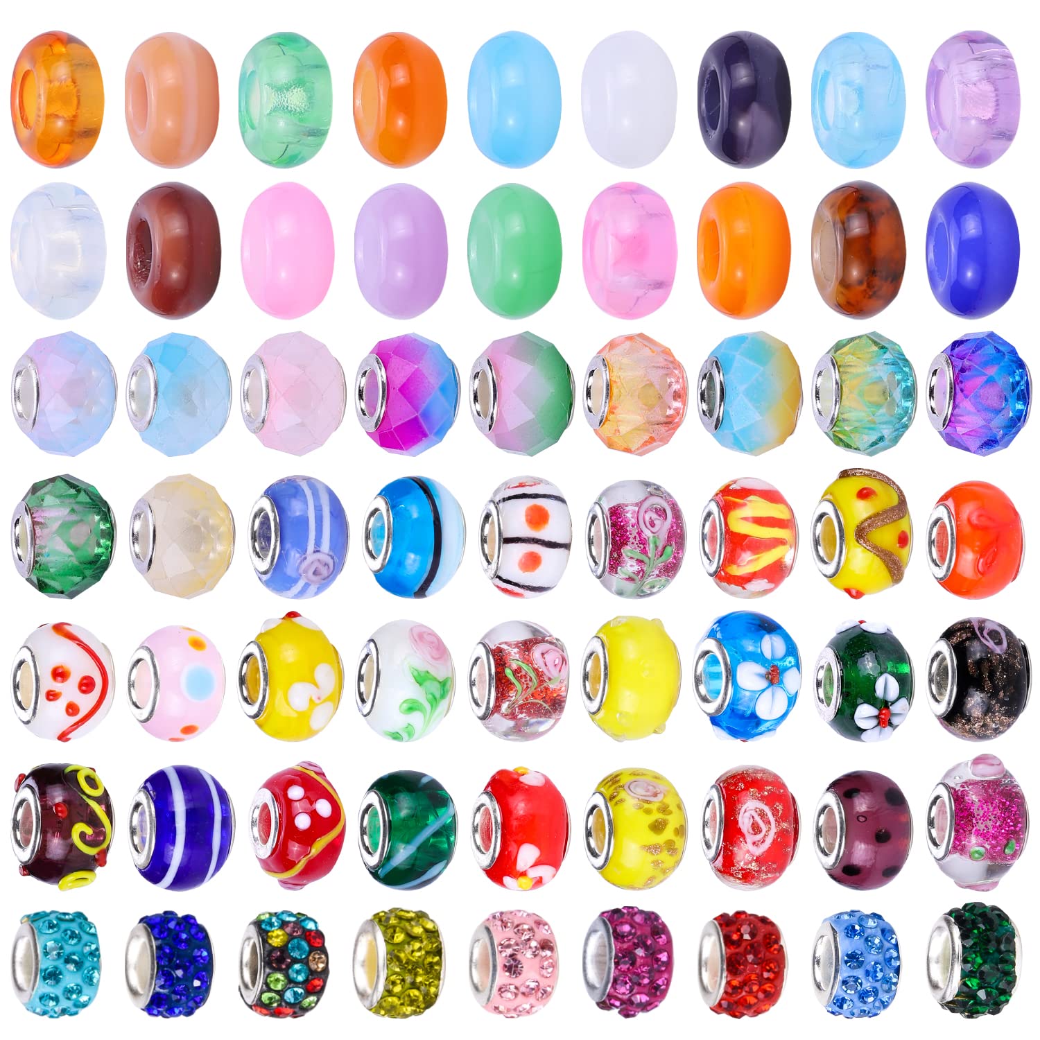 Victlov 100 Pieces Assorted European Craft Glass Beads Large Hole Beads Mixed Color Clay Beads Crystal Spacer Beads for DIY Charms Jewelry Making (biccolor Faceted Silver core)
