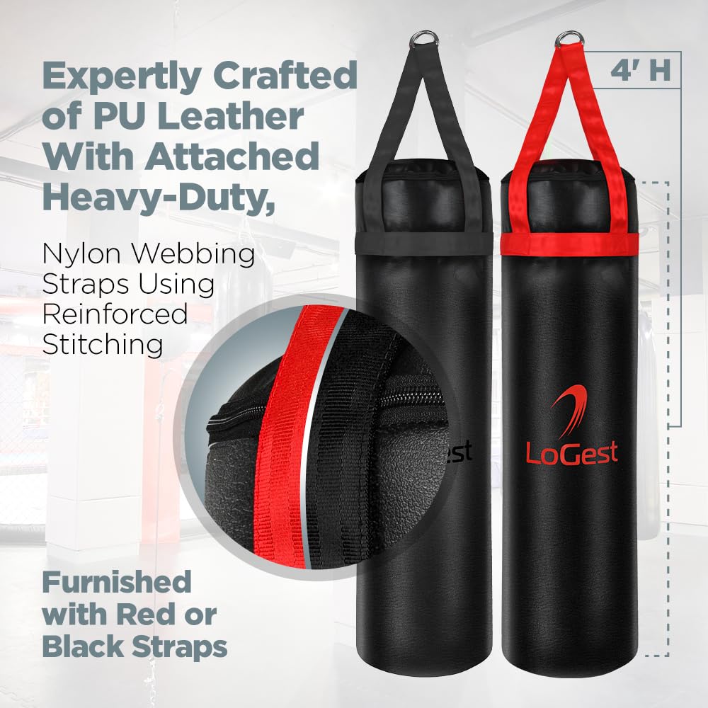 LoGest Boxing Bag - Hanging Punching Bag Sports Training Equipment - MMA, Karate, Judo, Muay Thai, Kickboxing - Hanging or Freestanding - Unfilled Max Capacity 100 Lbs - Heavy Punching Bag (Red)
