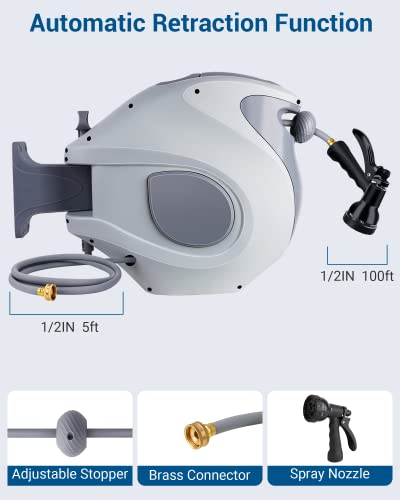 DEWENWILS Retractable Garden Hose Reel, 1/2"×100ft Wall Mount Hose Reel, with 7-Pattern Spray Nozzle, Any Length Lock, 180°Swivel Bracket, Auto Rewind Hybrid Water Hose Reel for Outdoor Watering
