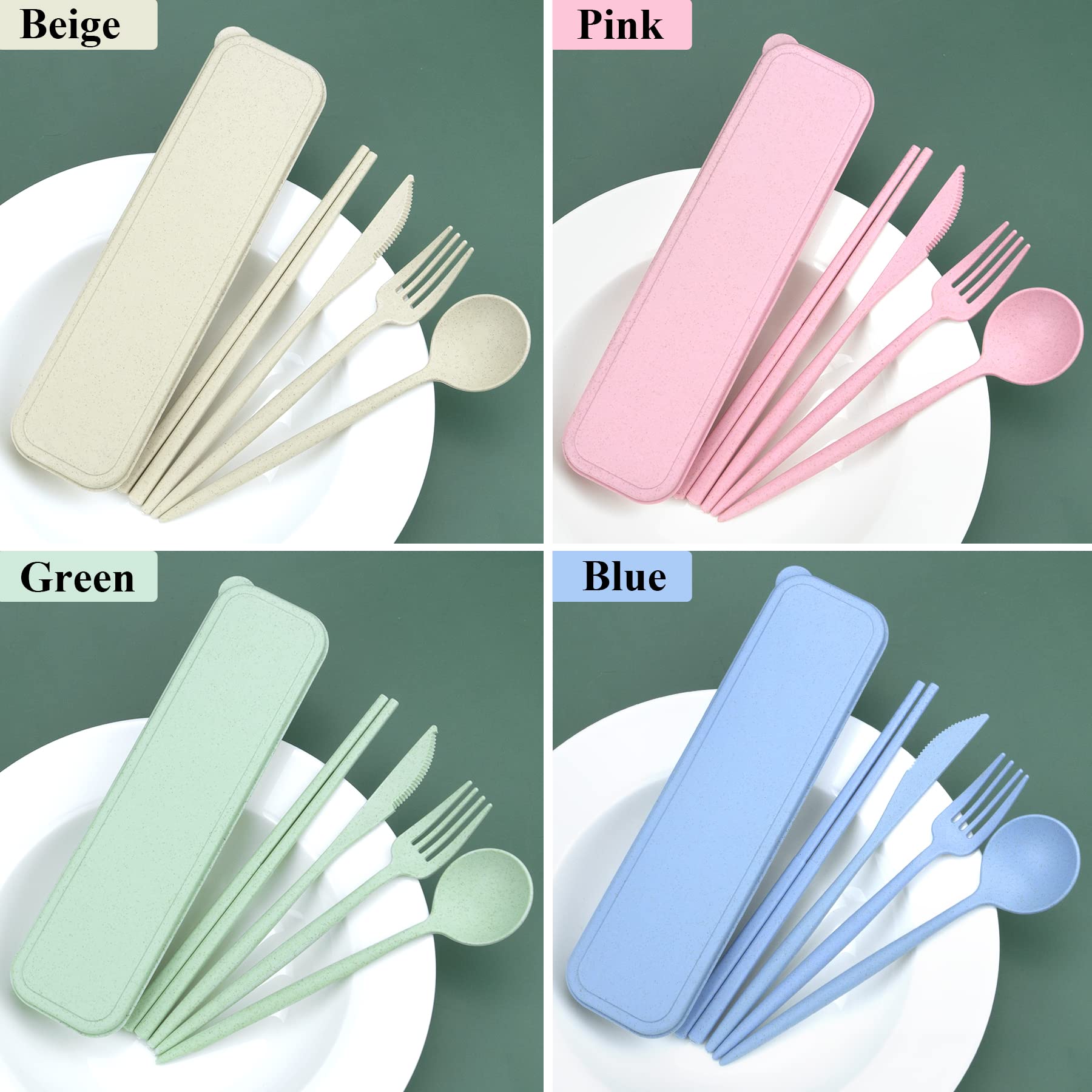 DISSKNIC 4 Sets Travel Utensils with Case, Cutlery Set Chopsticks Fork Spoon Knife with Case, Reusable Plastic Utensils Sets for Lunch Box Accessories,Portable Lunch Box Utensils Set for Daily Use
