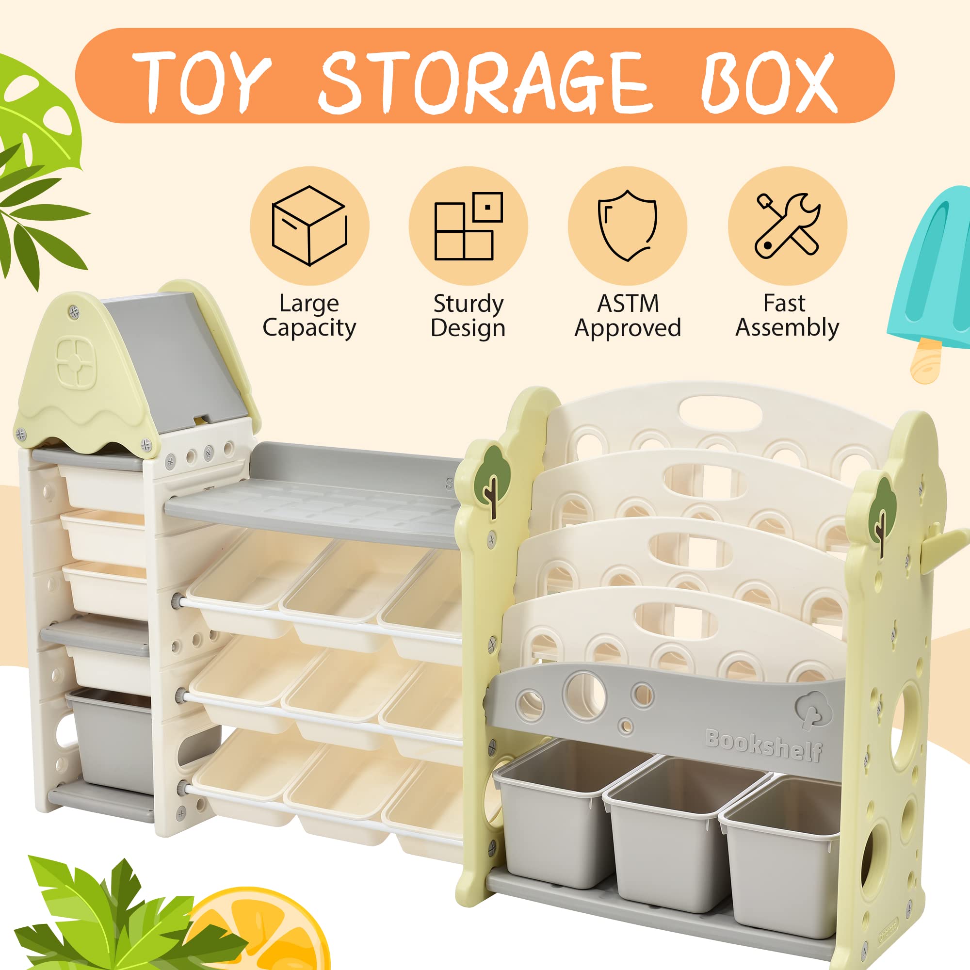 Veemuaro Toy Storage Organizer, Kids Bookcases and Children's Organizer Rack, Box Chest with 17 Bins 4 Tier Bookshelf for Room Classroom (All-in-One, Light Green) (06AAF)