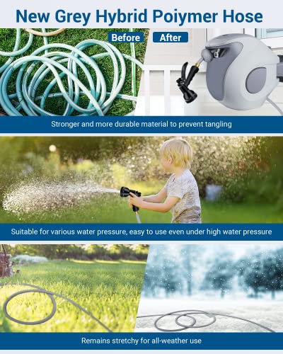 DEWENWILS Retractable Garden Hose Reel, 1/2"×100ft Wall Mount Hose Reel, with 7-Pattern Spray Nozzle, Any Length Lock, 180°Swivel Bracket, Auto Rewind Hybrid Water Hose Reel for Outdoor Watering