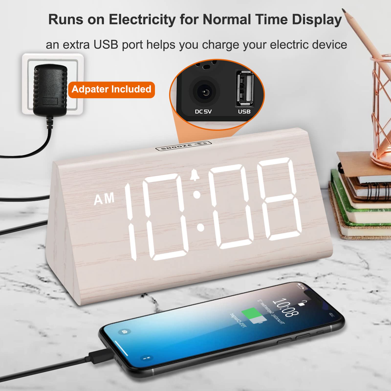 DreamSky Wooden Digital Alarm Clock for Bedroom - Living Room Desk Clock with Large Numbers, Bedside Nightstand Clock with USB Port, Adjustable Volume, Dimmer, Snooze, DST, Office Wood Décor, Gifts