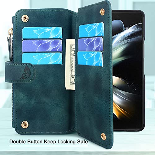 Lacass [Cards Theft Scan Protection 10 Card Slots Zipper Pocket Wallet Case Flip Leather Phone case Cover for Samsung Galaxy Z Fold 4 / z fold4 5G (2022)(Floral Cyan)