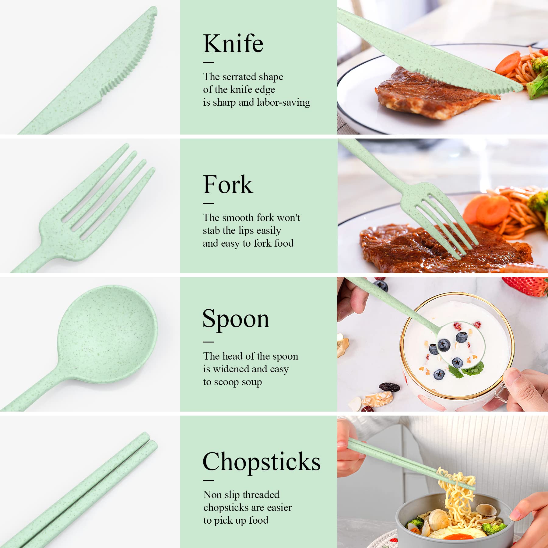 DISSKNIC 4 Sets Travel Utensils with Case, Cutlery Set Chopsticks Fork Spoon Knife with Case, Reusable Plastic Utensils Sets for Lunch Box Accessories,Portable Lunch Box Utensils Set for Daily Use