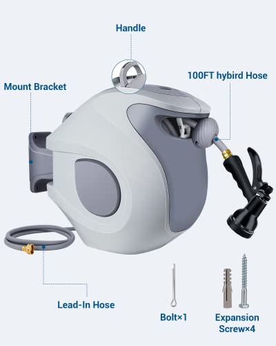 DEWENWILS Retractable Garden Hose Reel, 1/2"×100ft Wall Mount Hose Reel, with 7-Pattern Spray Nozzle, Any Length Lock, 180°Swivel Bracket, Auto Rewind Hybrid Water Hose Reel for Outdoor Watering