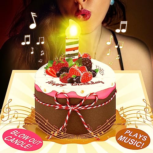FITMITE Birthday Cards, Large LIGHT & MUSIC 3D Pop Up Birthday Cards with LED Light Blowable Candle, Chocolate Cake Musical Birthday Cards Gifts for Women & Men, Mom & Dad, Wife,Sister,Kids,Friends