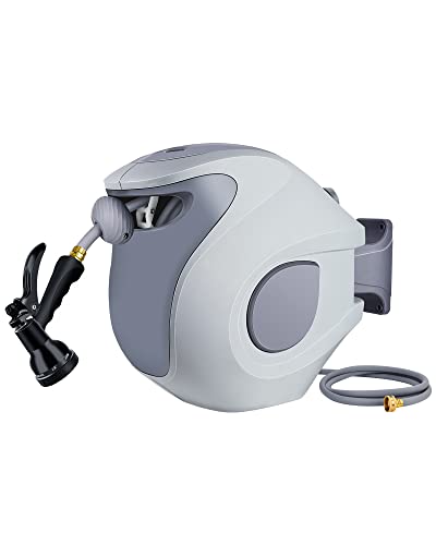 DEWENWILS Retractable Garden Hose Reel, 1/2"×100ft Wall Mount Hose Reel, with 7-Pattern Spray Nozzle, Any Length Lock, 180°Swivel Bracket, Auto Rewind Hybrid Water Hose Reel for Outdoor Watering
