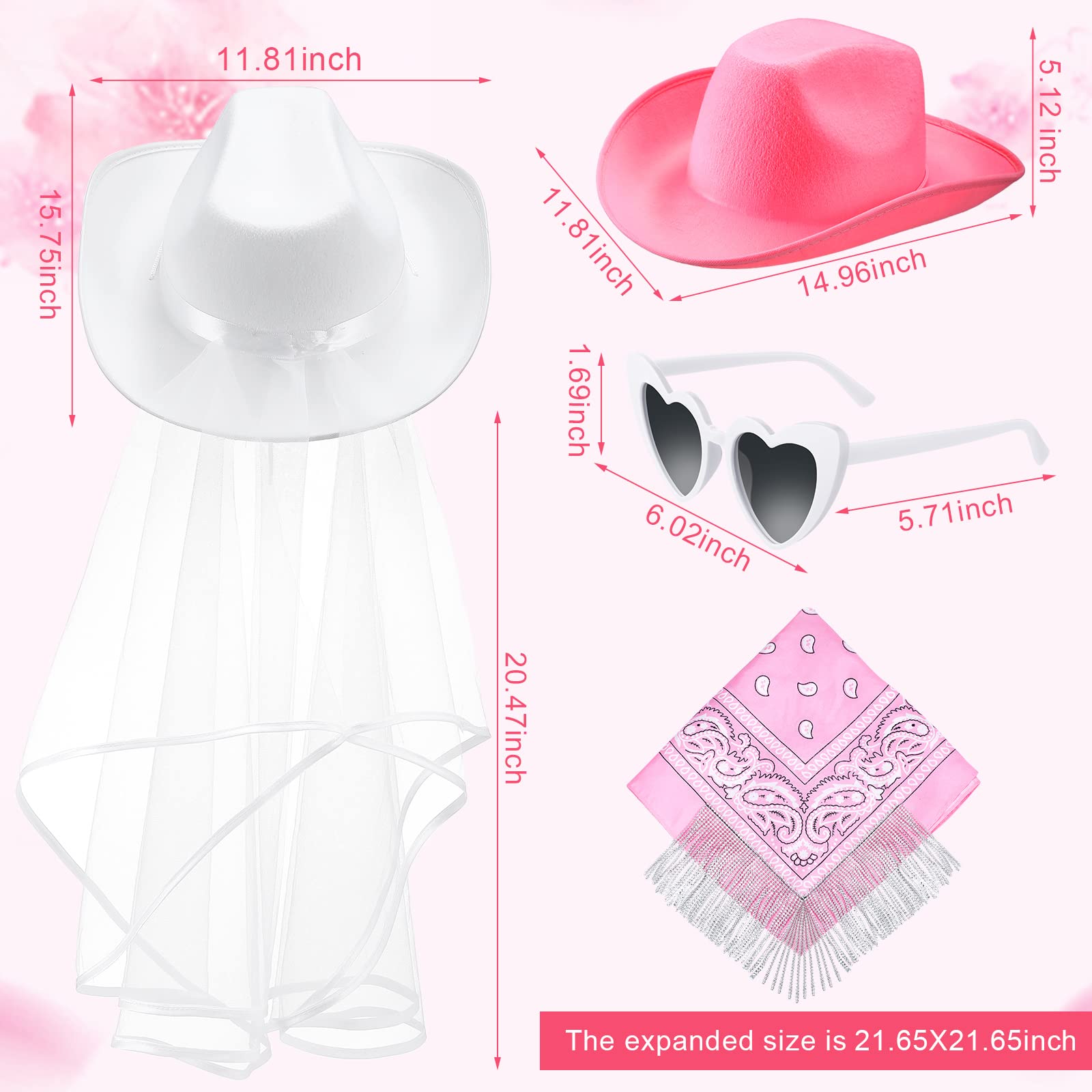 6 Sets Cowgirl Bachelorette Party Decorations Bulk Bride Cowboy Hat Rhinestone Bandana Heart Glasses for Last Disco (Elegant Style,White, Pink)