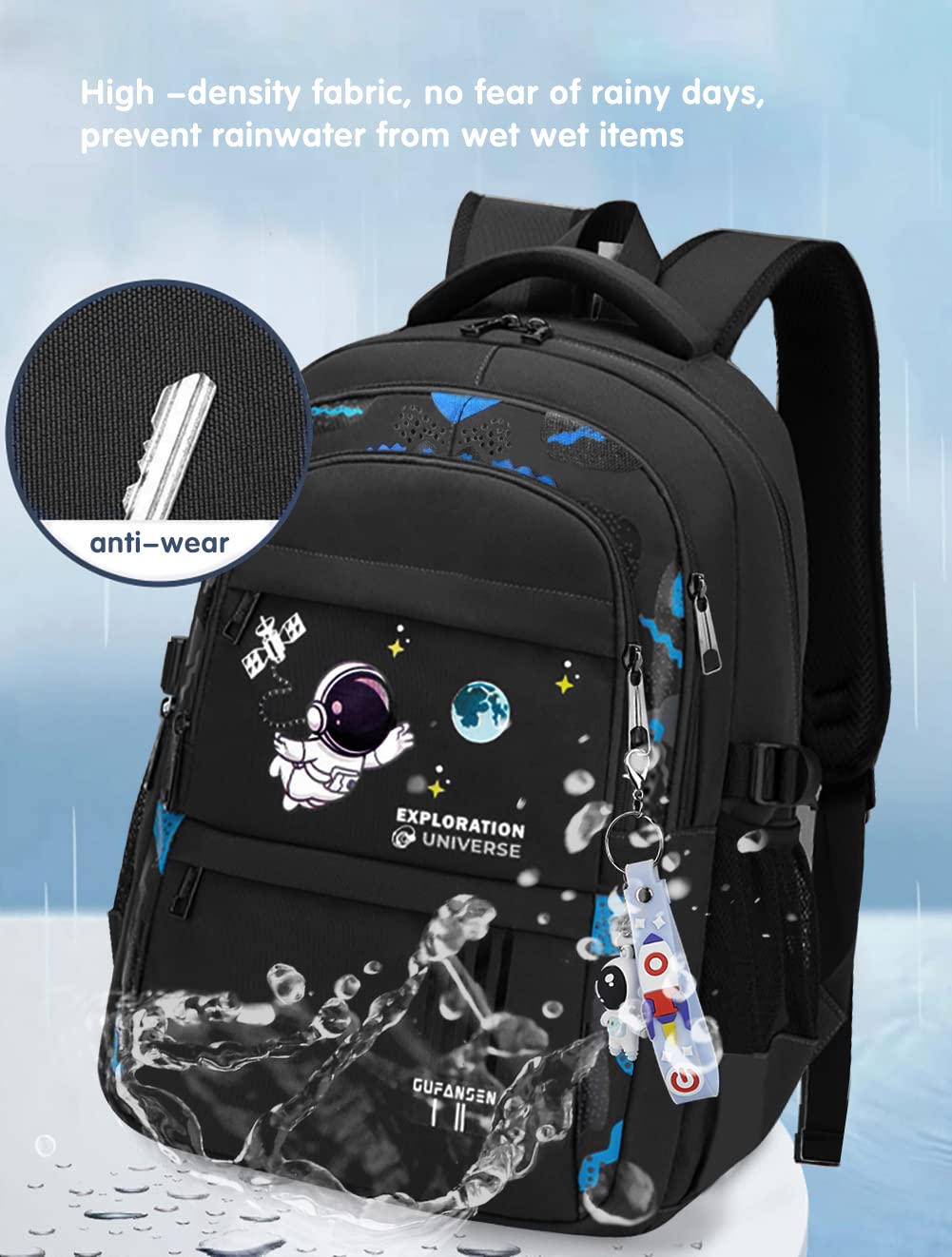 Astronaut Backpack for Boys Teens, Large Capacity School Bag Bookbag for Kids Elementary Middle (Black)