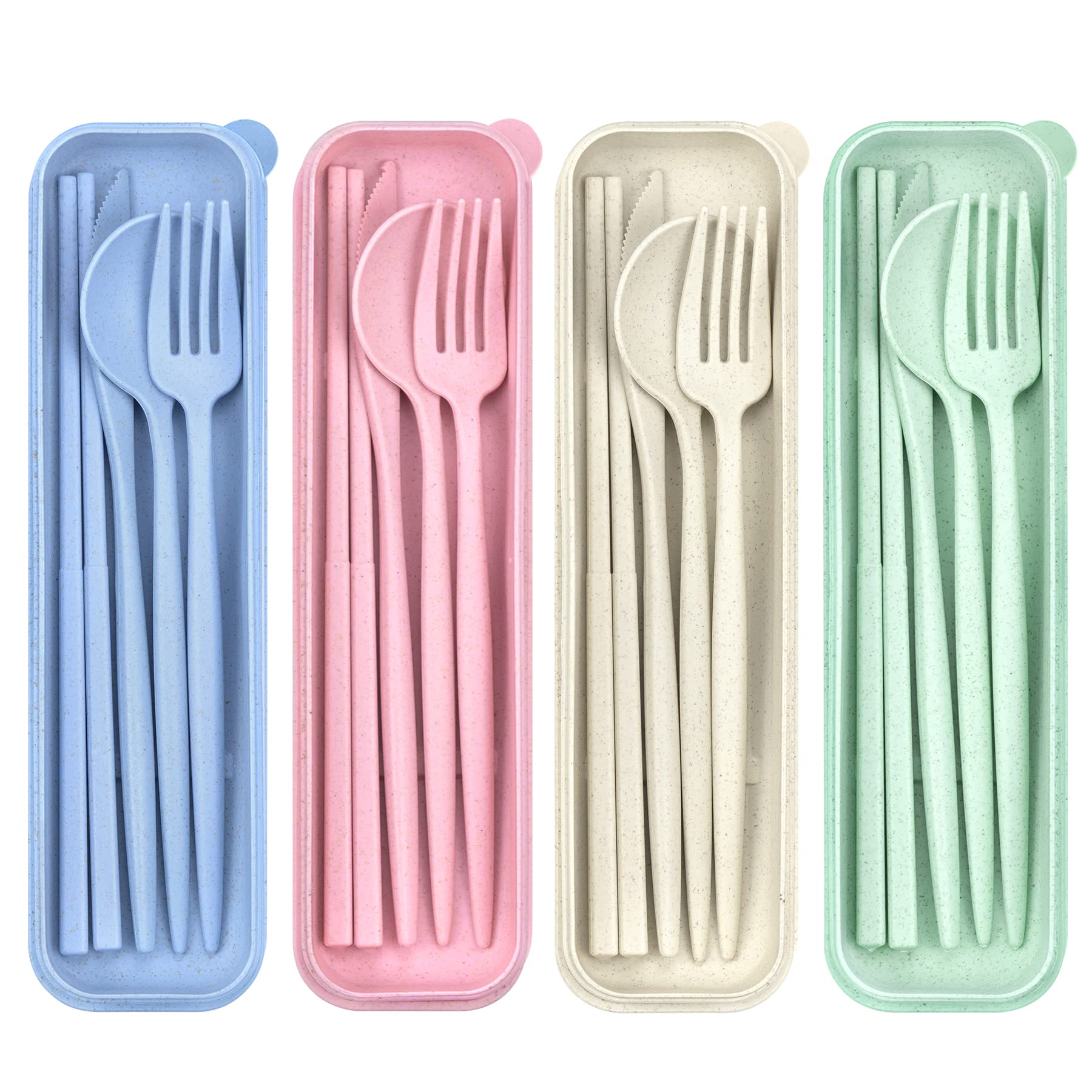 DISSKNIC 4 Sets Travel Utensils with Case, Cutlery Set Chopsticks Fork Spoon Knife with Case, Reusable Plastic Utensils Sets for Lunch Box Accessories,Portable Lunch Box Utensils Set for Daily Use