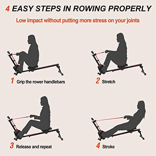 Rowing Machines for Home Use, Foldable Rowing Machine, Elastic Rower Indoor Row Machine with 3 Adjustable Levels, LCD Display & Comfortable Seat Cushion (Black&Red)