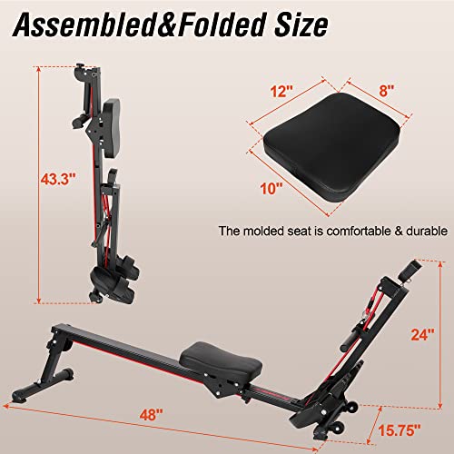 Rowing Machines for Home Use, Foldable Rowing Machine, Elastic Rower Indoor Row Machine with 3 Adjustable Levels, LCD Display & Comfortable Seat Cushion (Black&Red)