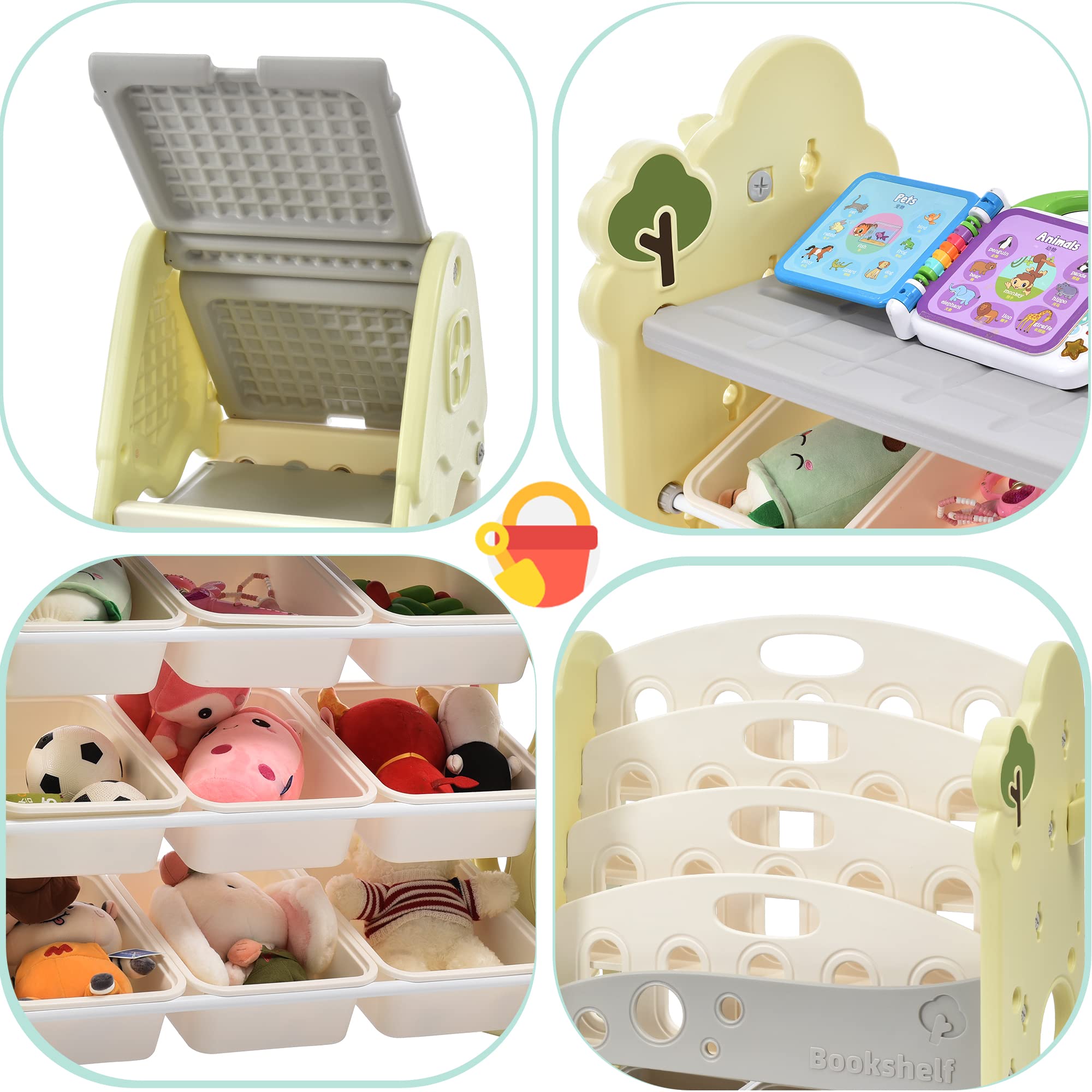 Veemuaro Toy Storage Organizer, Kids Bookcases and Children's Organizer Rack, Box Chest with 17 Bins 4 Tier Bookshelf for Room Classroom (All-in-One, Light Green) (06AAF)