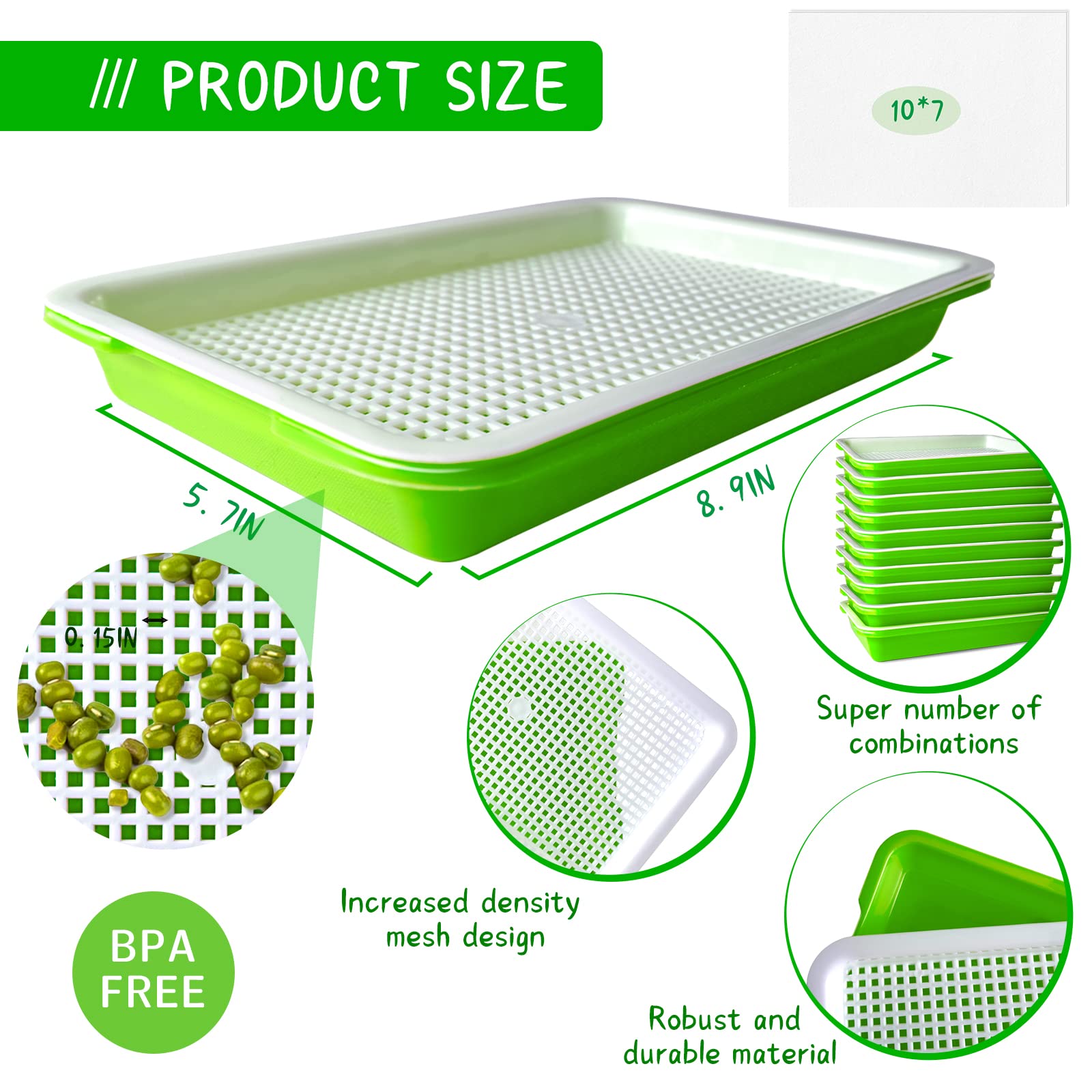 HolyMaji 10 Pack Small Seed Sprouter Tray - BPA Free Plant Seed Germination Tray with Drain Holes, Soil-Free Wheatgrass Cat Grass Tray Microgreens Growing Trays Plus Propagation Paper