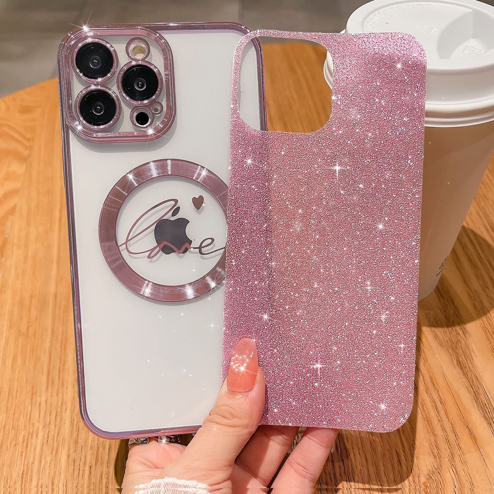 MGQILING Compatible with iPhone 13 Pro Max Magnetic Glitter Case-6.7 Inch, Luxury Love Heart Pattern Plating Clear Case, Compatible with MagSafe for Women Girls Shockproof Back Cover-Pink