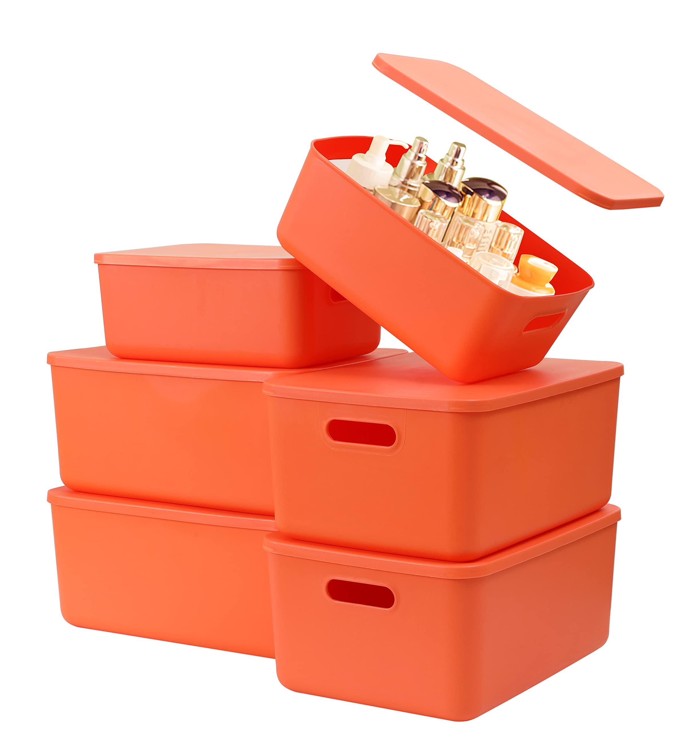 Yishyfier Plastic Storage Baskets With Lid Organizing Container Lidded Knit Storage Organizer Bins for Shelves Drawers Desktop Closet Playroom Classroom Office (4M+2S, Orange)