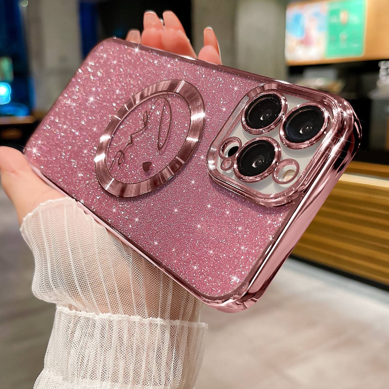 MGQILING Compatible with iPhone 13 Pro Max Magnetic Glitter Case-6.7 Inch, Luxury Love Heart Pattern Plating Clear Case, Compatible with MagSafe for Women Girls Shockproof Back Cover-Pink