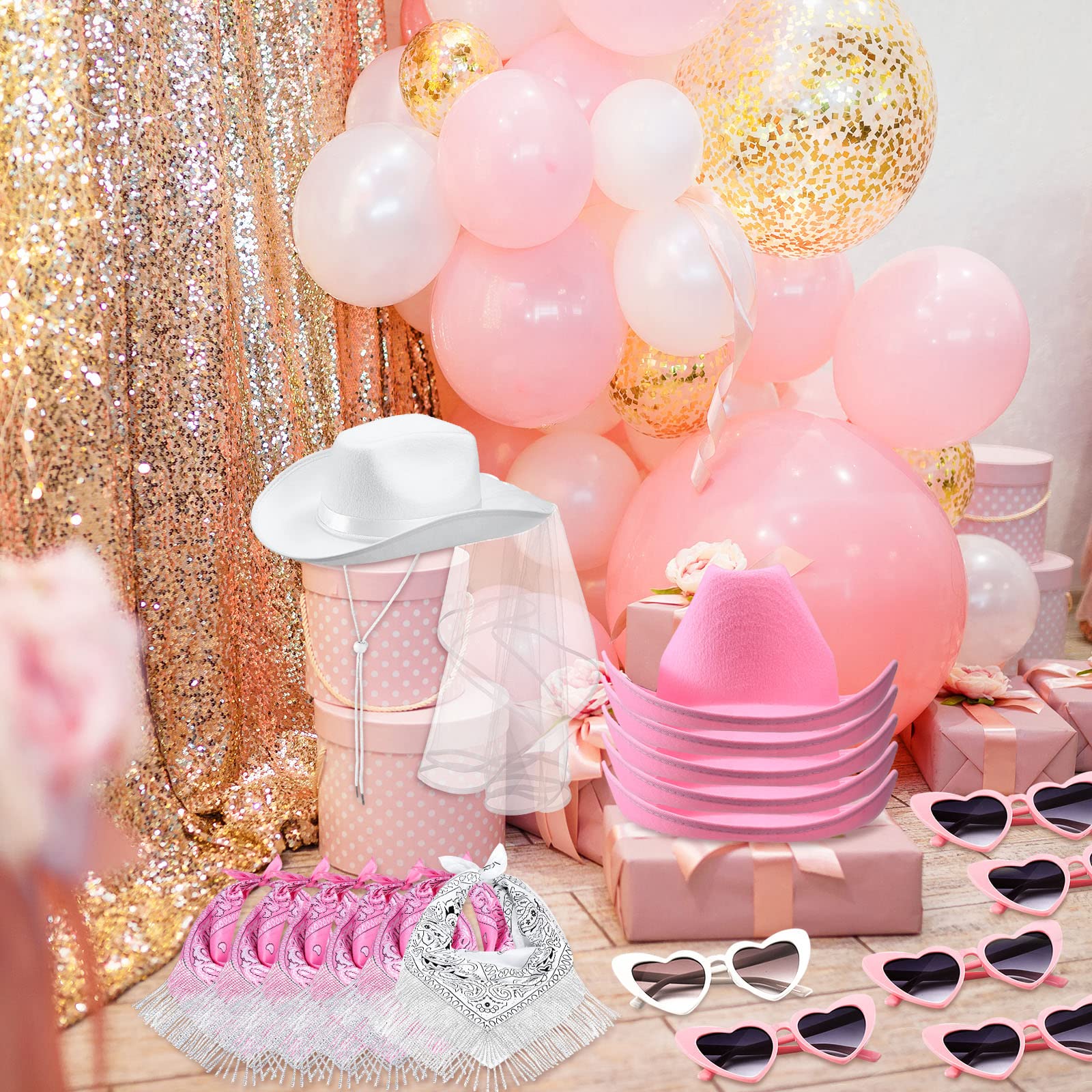 6 Sets Cowgirl Bachelorette Party Decorations Bulk Bride Cowboy Hat Rhinestone Bandana Heart Glasses for Last Disco (Elegant Style,White, Pink)