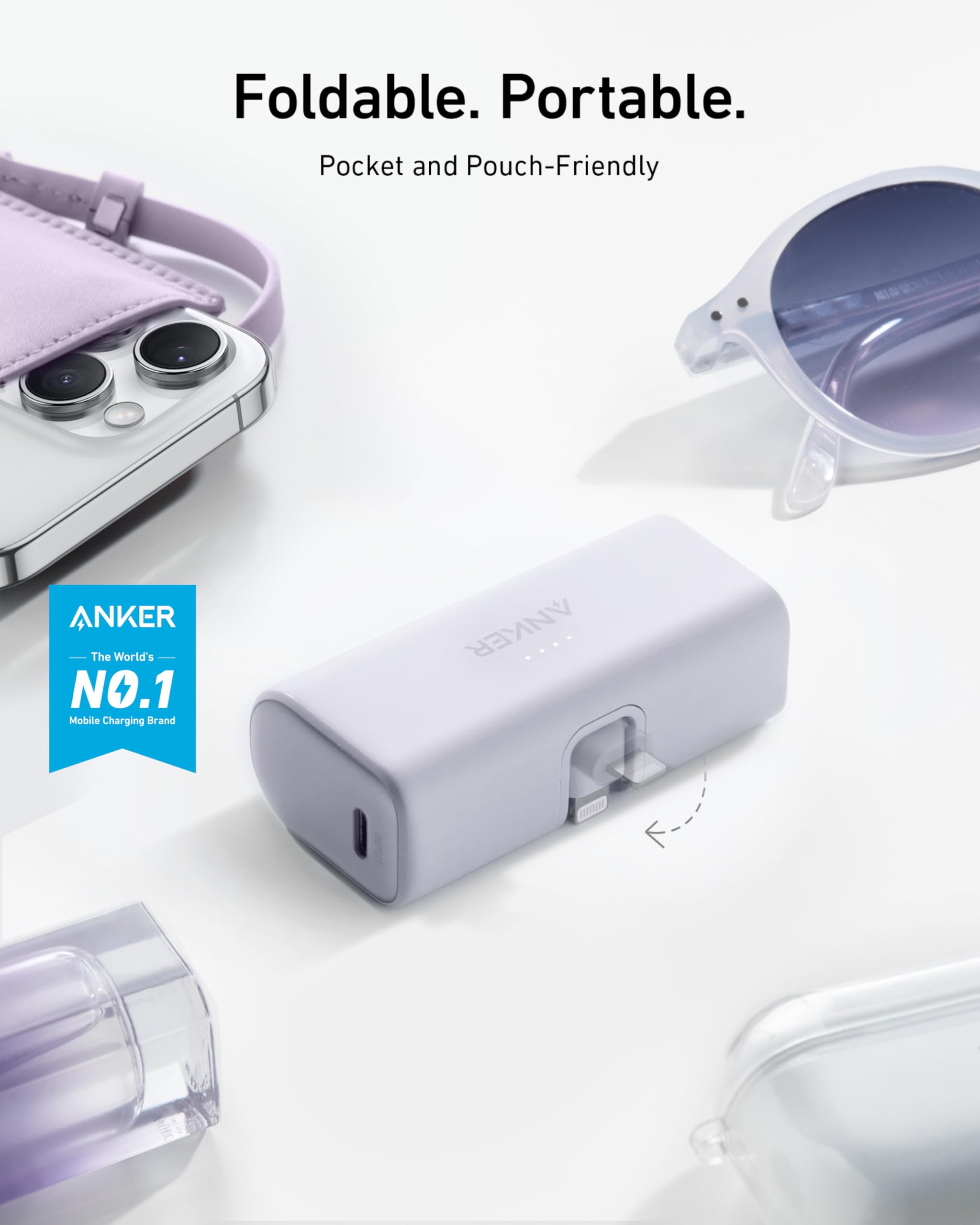Anker Nano Power Bank with Built-in Lightning Connector, Portable Charger 5,000mAh MFi Certified 12W, Compatible with iPhone 14/14 Pro / 14 Plus / 14 Pro Max, iPhone 13 and 12 Series (Purple)