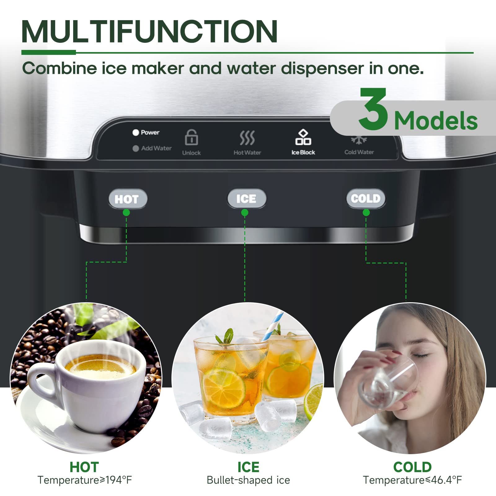 ICEPURE 3-in-1 Ice Maker with Water Cooler Dispenser, Top Loading, Quick Make hot, Cold Water & Bullet-Shaped ice Cube, 44lbs/24hrs, Countertop for Home/Office/Dormitorhoury, Silver