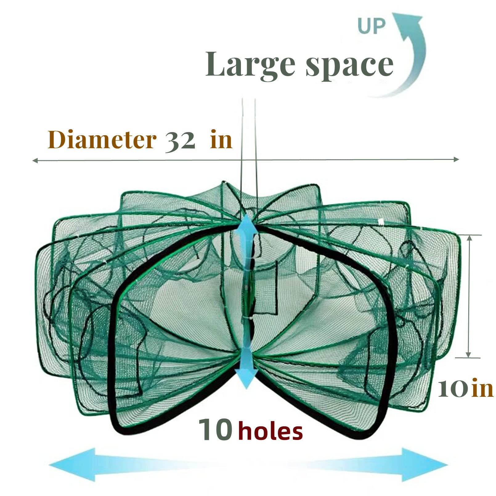DAMIDEL 32in x 10in Folded Fishing Bait Trap, 10 Holes 10 Sides Foldable Fishing Nets for Fish/Crab/Shrimp/Crawdad, Upgrade Large Space,Bait Bag/Bait Box/Rope/Storage Bag