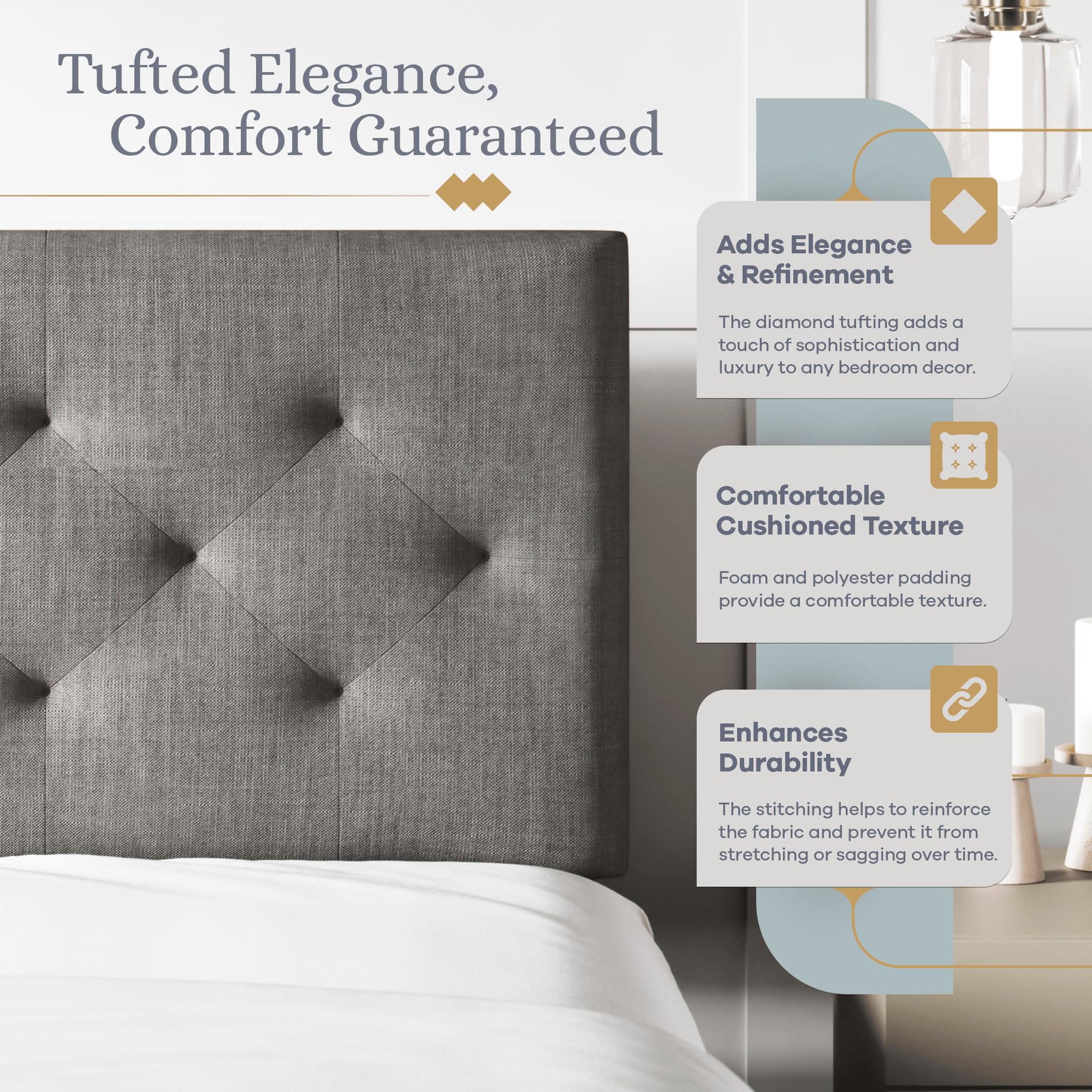 Sven & Son Diamond-Tufted Mid-Rise Upholstered Headboard, Wall or Bed Frame Mount - Full or Queen (Gray)