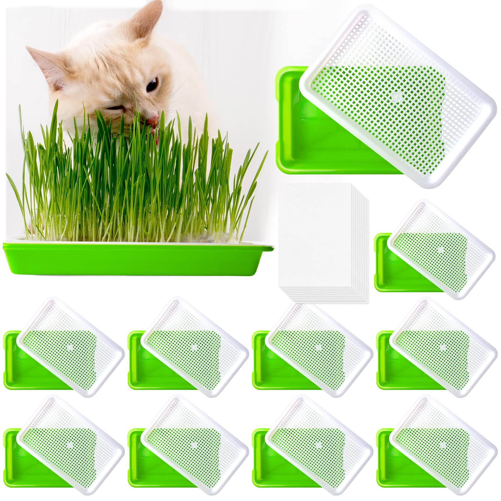 HolyMaji 10 Pack Small Seed Sprouter Tray - BPA Free Plant Seed Germination Tray with Drain Holes, Soil-Free Wheatgrass Cat Grass Tray Microgreens Growing Trays Plus Propagation Paper