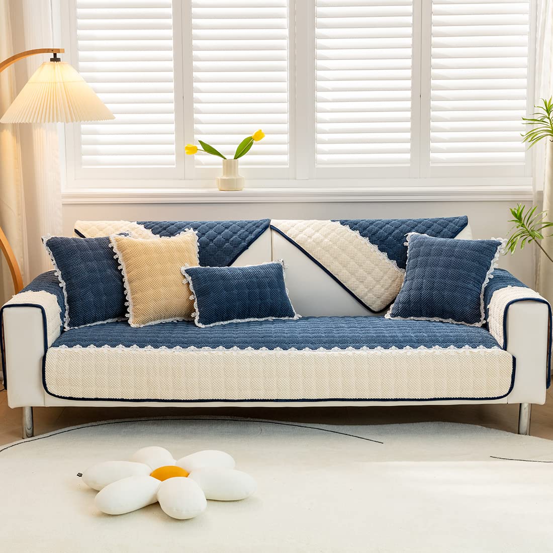 vctops Soft Corduroy Sofa Couch Cover, Plaid Sectional Couch Covers, Non-Slip Sofa Slipcover for Dogs Cats Kids(Navy,36"x47")