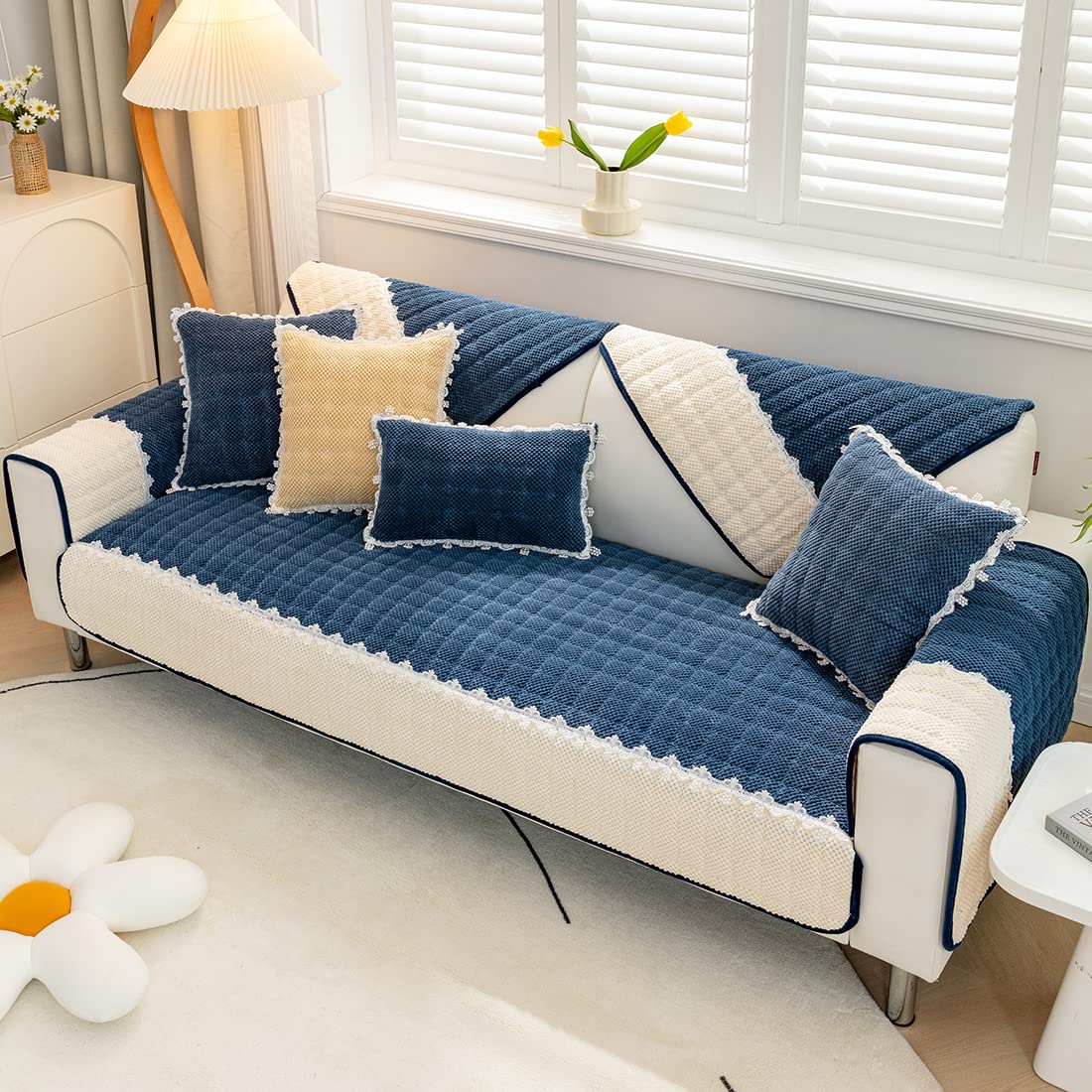 vctops Soft Corduroy Sofa Couch Cover, Plaid Sectional Couch Covers, Non-Slip Sofa Slipcover for Dogs Cats Kids(Navy,36"x47")