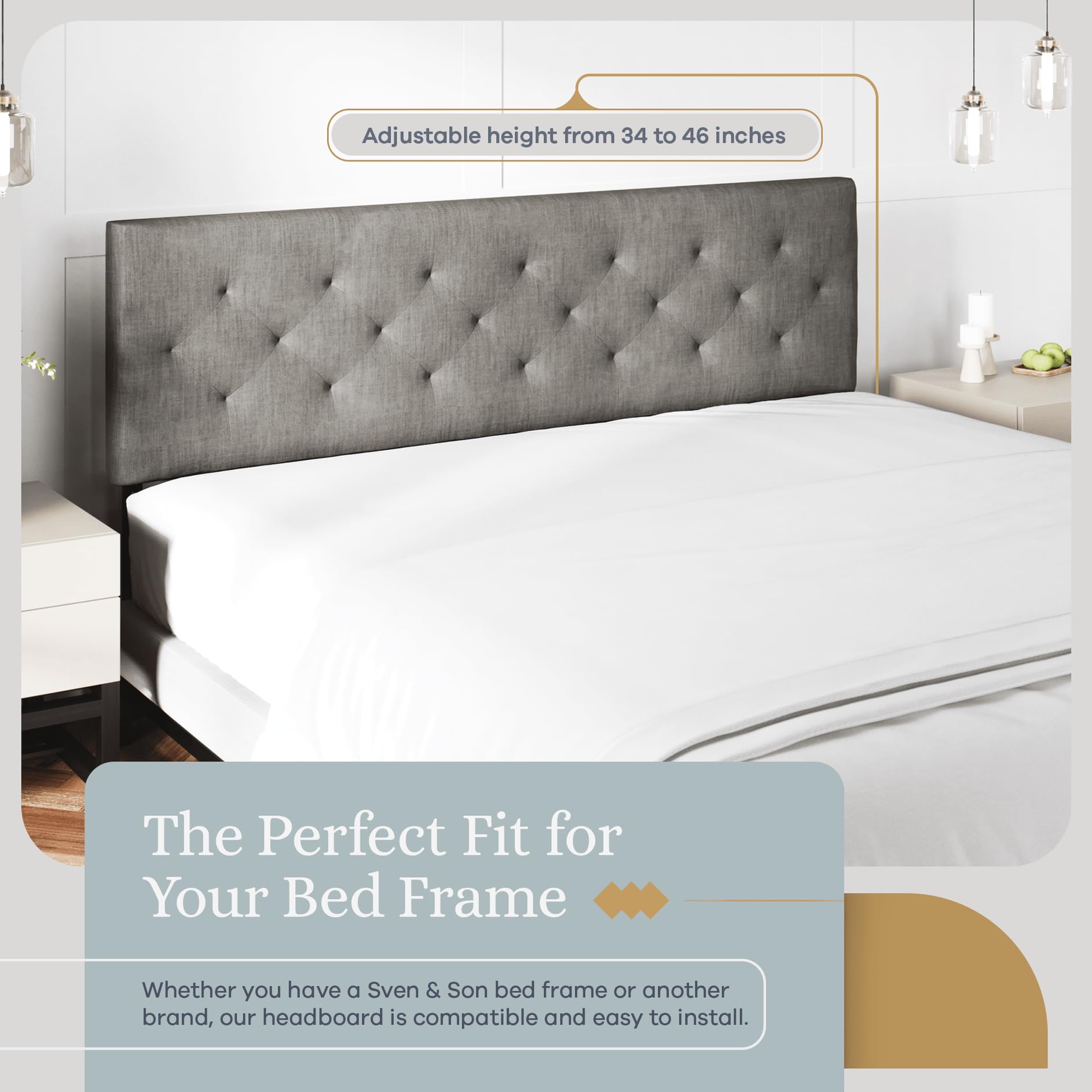 Sven & Son Diamond-Tufted Mid-Rise Upholstered Headboard, Wall or Bed Frame Mount - Full or Queen (Gray)