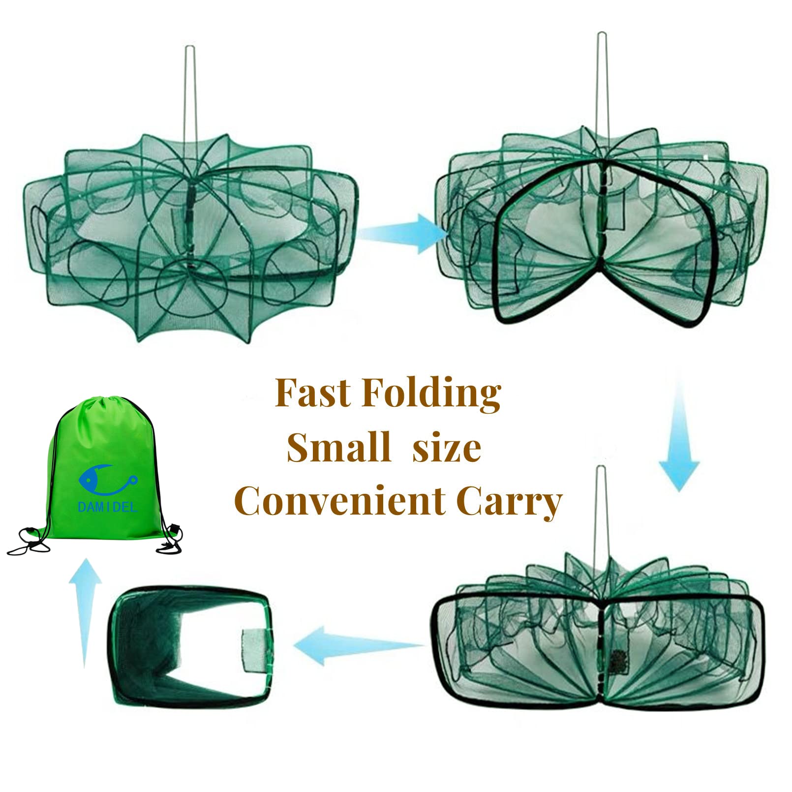 DAMIDEL 32in x 10in Folded Fishing Bait Trap, 10 Holes 10 Sides Foldable Fishing Nets for Fish/Crab/Shrimp/Crawdad, Upgrade Large Space,Bait Bag/Bait Box/Rope/Storage Bag