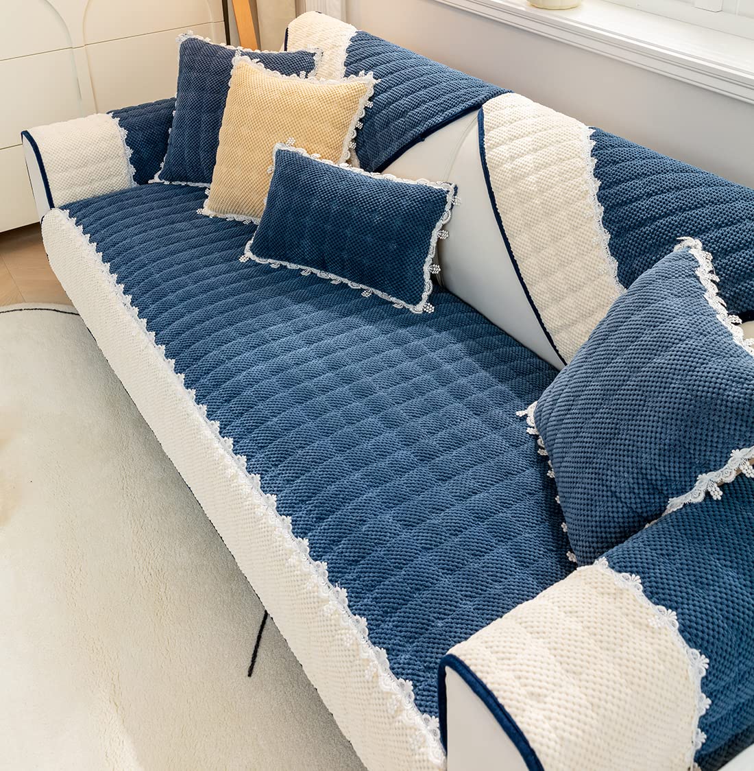 vctops Soft Corduroy Sofa Couch Cover, Plaid Sectional Couch Covers, Non-Slip Sofa Slipcover for Dogs Cats Kids(Navy,36"x47")